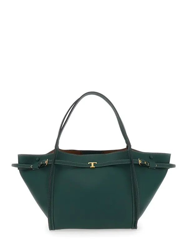 TOD'S Timeless T Tote Bag In Green Leather - Multicolor