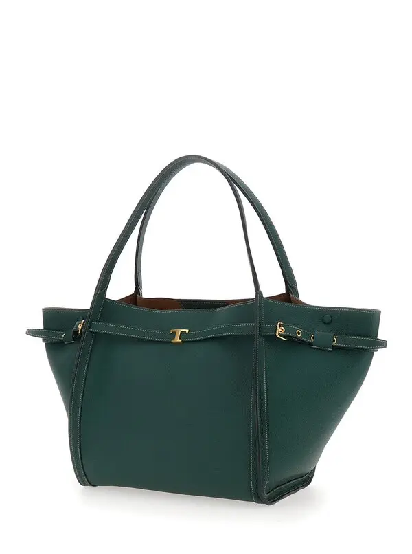 TOD'S Timeless T Tote Bag In Green Leather - Multicolor