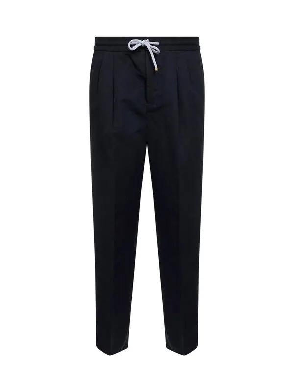 Brunello Cucinelli Navy Blue Linen And Cotton Drill Trousers - Multicolor