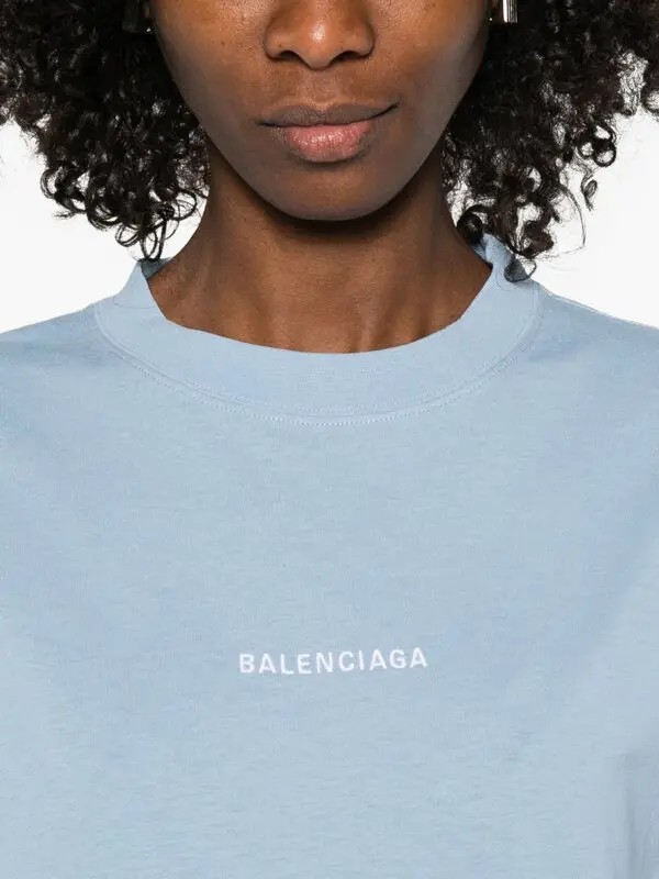 Balenciaga Light Blue Cotton Logo Print T-shirt - Multicolor