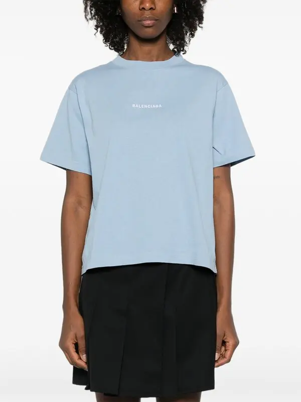 Balenciaga Light Blue Cotton Logo Print T-shirt - Multicolor
