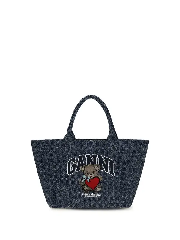 GANNI Medium Denim Tote Bag With Bear Motif - Blue