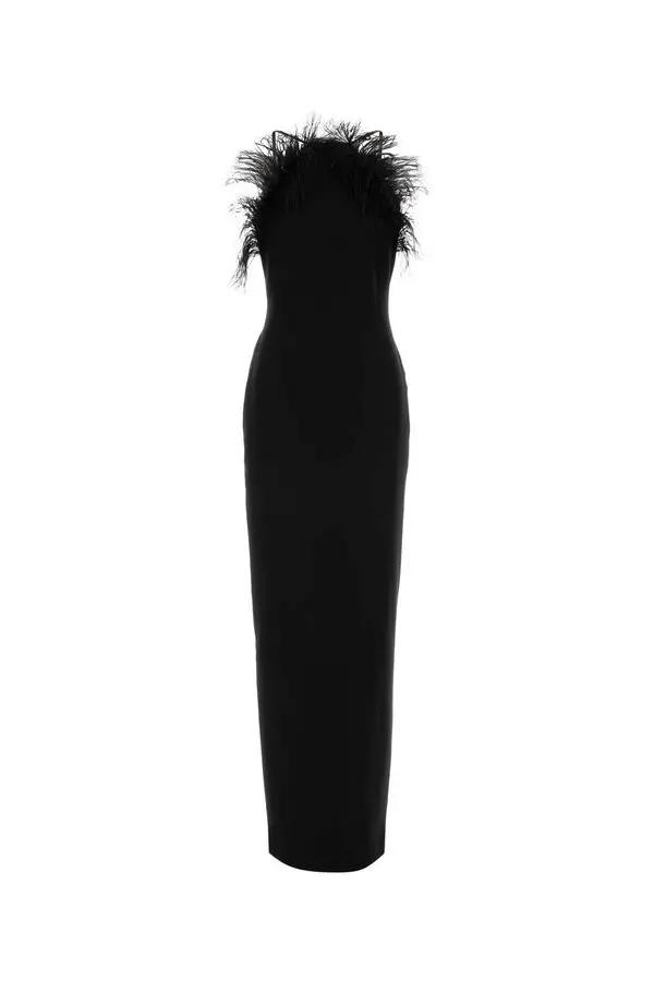 Attico Stretch Cady Long Dress With Ostrich Feather Embellishments