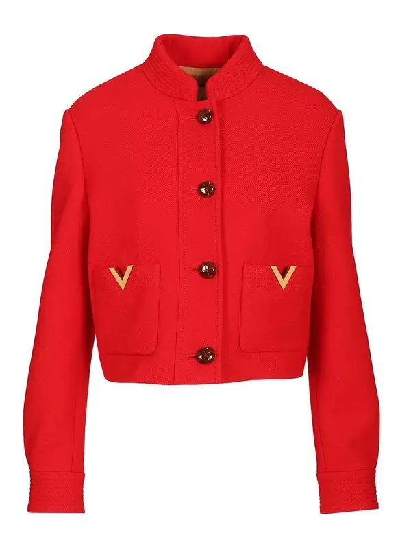 Valentino Garavani Cropped Peacoat In Drill Double With Gold V Detail