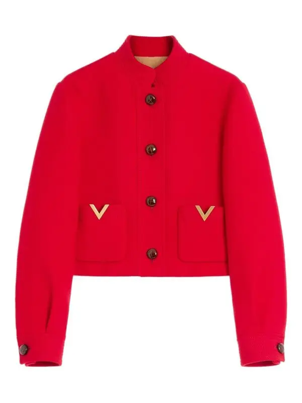 Valentino Garavani Cropped Peacoat In Drill Double With Gold V Detail