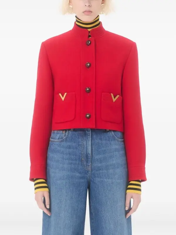 Valentino Garavani Cropped Peacoat In Drill Double With Gold V Detail