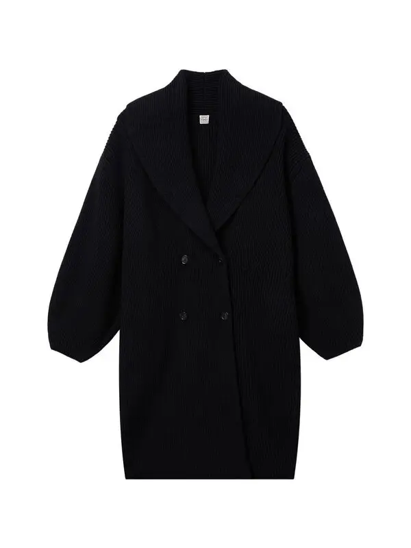 TOTEME Long Double-breasted Ribbed Wool Cardigan - Black