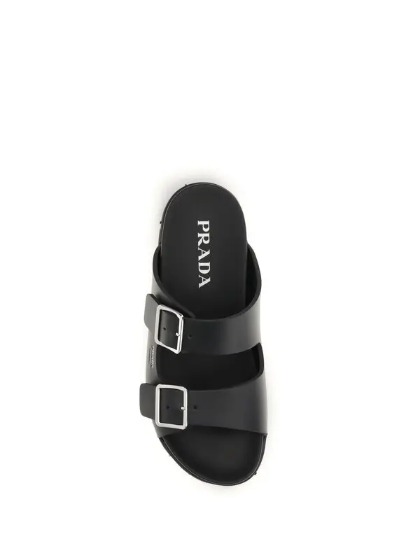 Prada Leather Sandals With Laminated Logo - Black