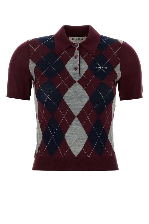 Miu Miu Burgundy Argyle Knit Polo Shirt