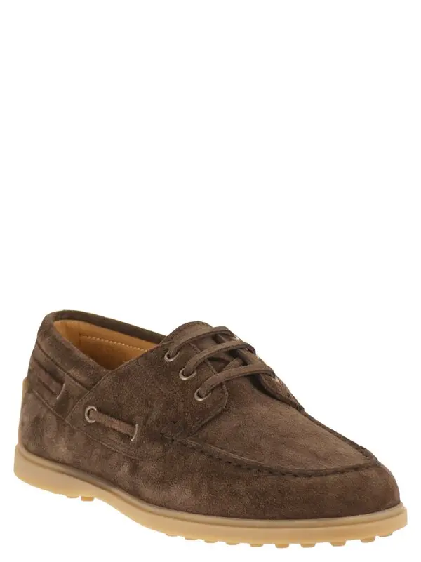 TOD'S Suede Calfskin Boat Shoe With Embossed Monogram - Brown