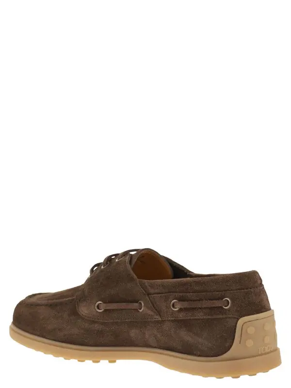 TOD'S Suede Calfskin Boat Shoe With Embossed Monogram - Brown