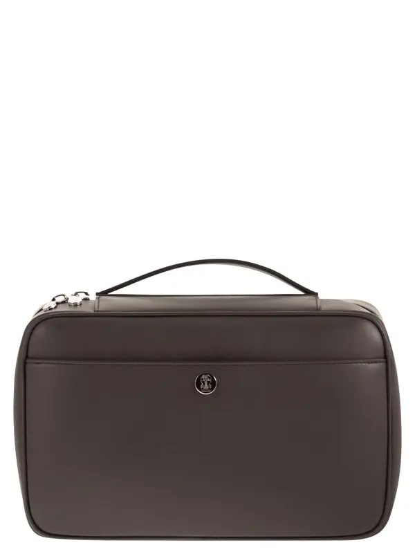 Brunello Cucinelli Smooth Leather Beauty Case With Heraldic Logo - Brown