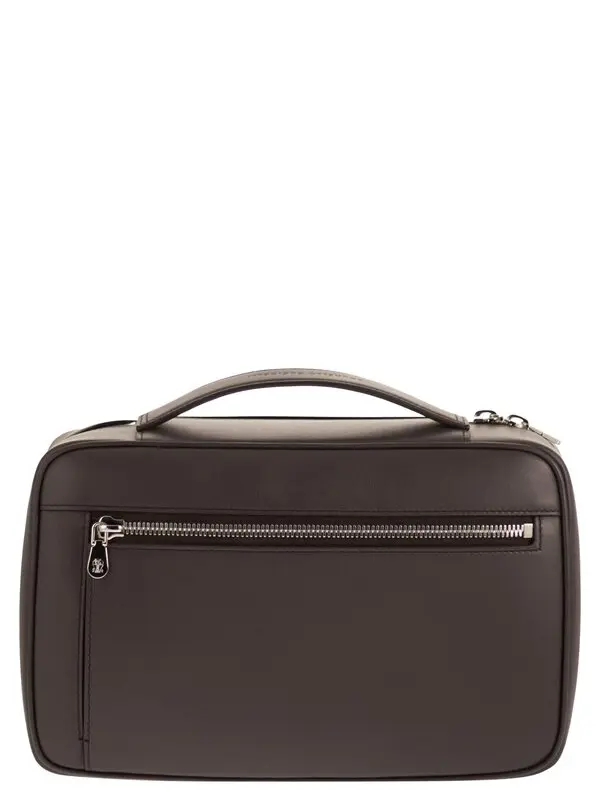 Brunello Cucinelli Smooth Leather Beauty Case With Heraldic Logo - Brown