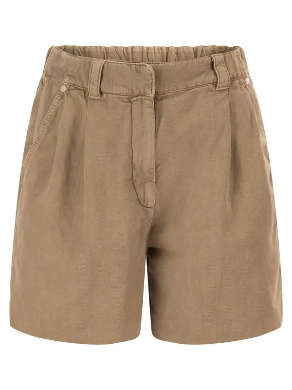 Brunello Cucinelli Cotton And Linen Shorts With Monile Embellishment - Brown
