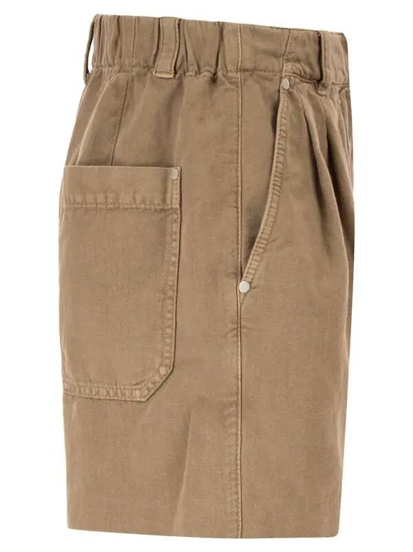 Brunello Cucinelli Cotton And Linen Shorts With Monile Embellishment - Brown