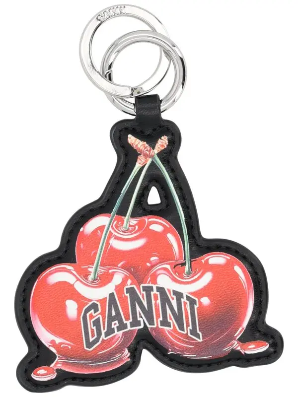 GANNI Leather Keychain With Cherry Motif - Black
