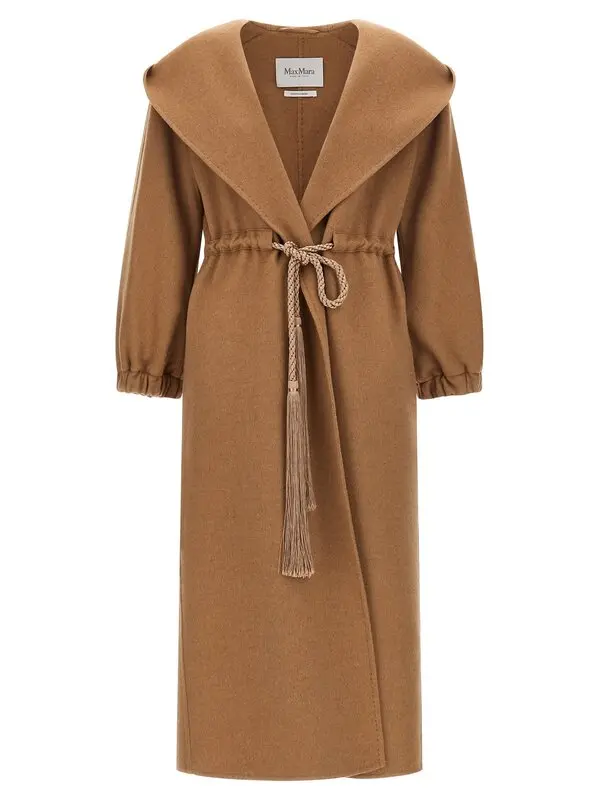 Max Mara Natalin' Camel Wool Coat With Shawl Collar And Drawstring - Brown