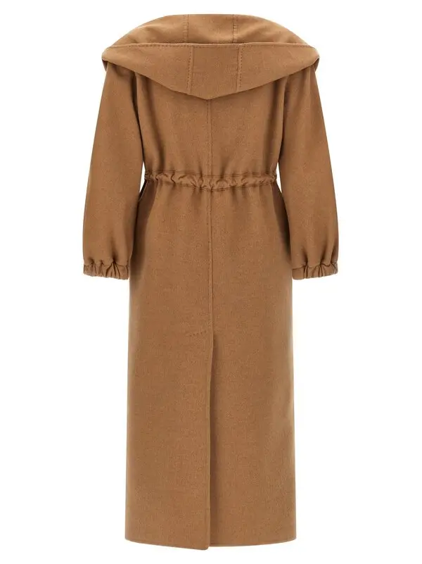 Max Mara Natalin' Camel Wool Coat With Shawl Collar And Drawstring - Brown