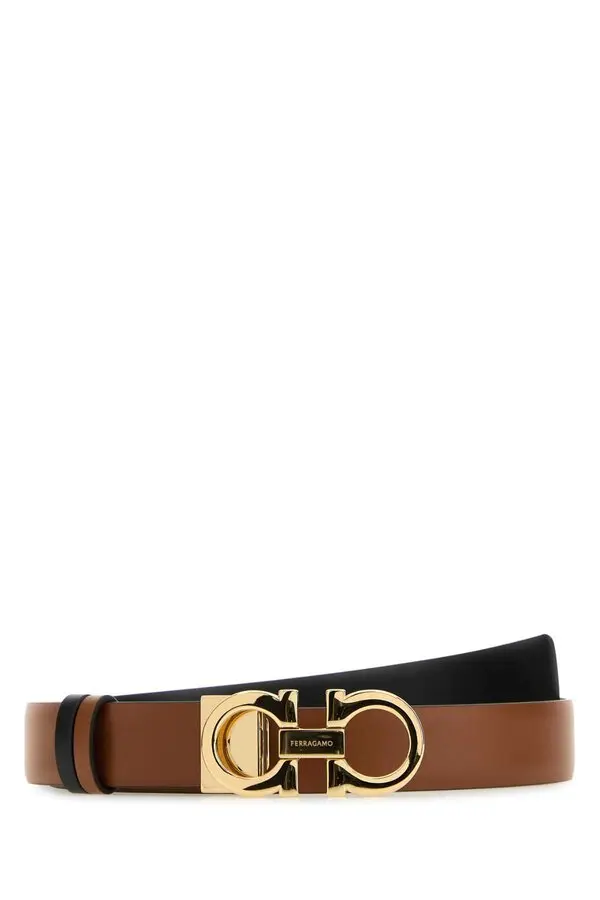 FERRAGAMO Salvatore Light Leather Reversible Belt With Golden Metal Finishing - Brown