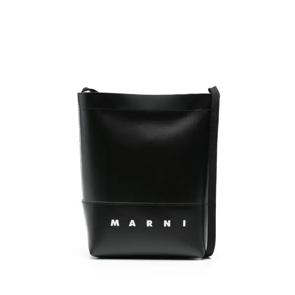 Marni Faux Leather Grained Texture Logo Print Satchel Bag - Black