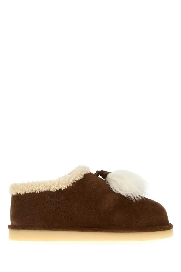 Miu Miu Suede Ankle Slippers With Fur Trim - Brown