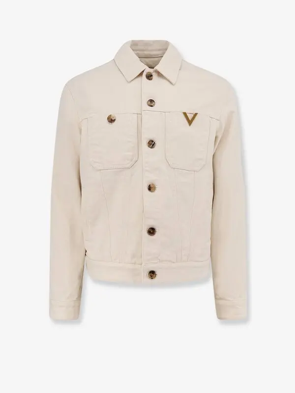Valentino Garavani White Cotton Denim Jacket With Gold Metal V-logo - Cream