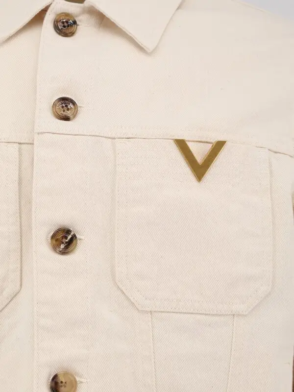 Valentino Garavani White Cotton Denim Jacket With Gold Metal V-logo - Cream