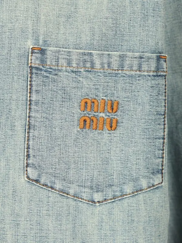 Miu Miu Long-sleeved Chambray Denim Shirt With Embroidered Logo - Blue