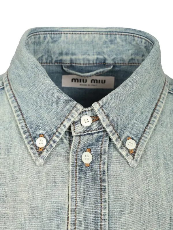 Miu Miu Long-sleeved Chambray Denim Shirt With Embroidered Logo - Blue