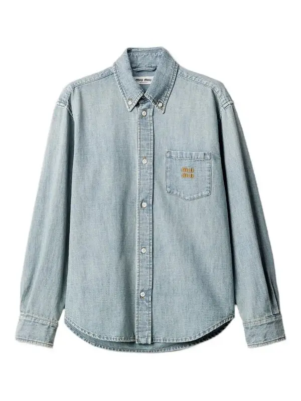 Miu Miu Long-sleeved Chambray Denim Shirt With Embroidered Logo - Blue