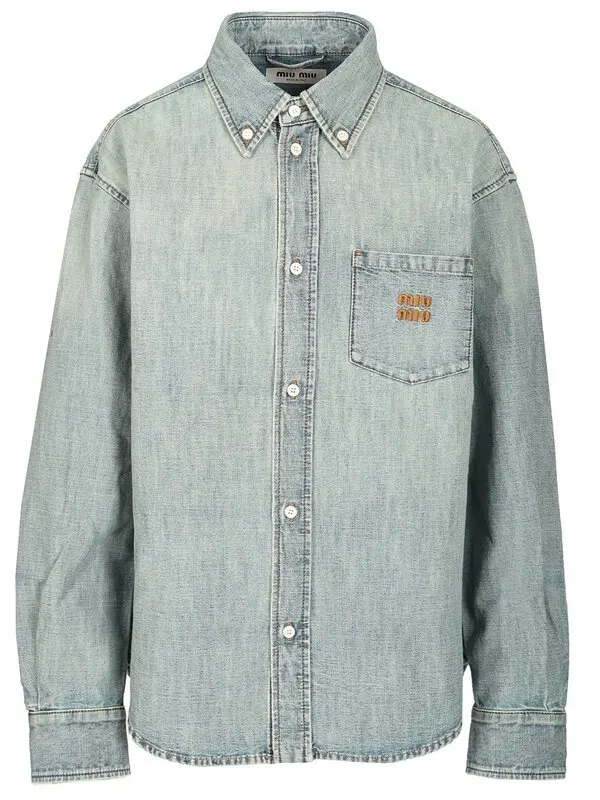 Miu Miu Long-sleeved Chambray Denim Shirt With Embroidered Logo - Blue