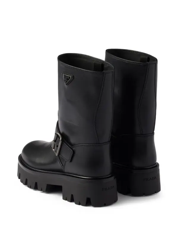 Prada Black Leather Buckled Lug Sole Boots