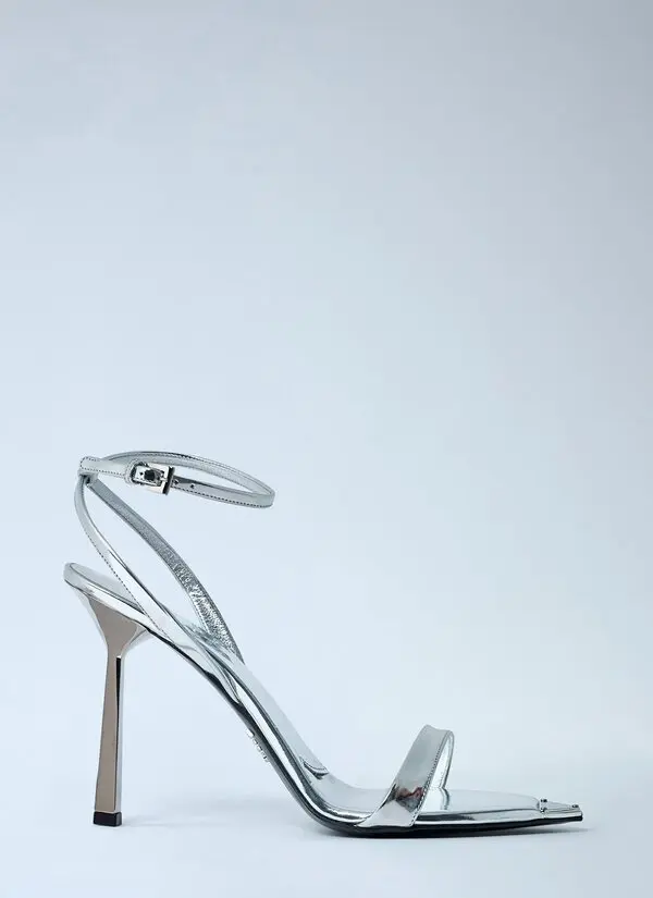 Prada Leather Stiletto Heeled Sandals With Side Buckle - Silver