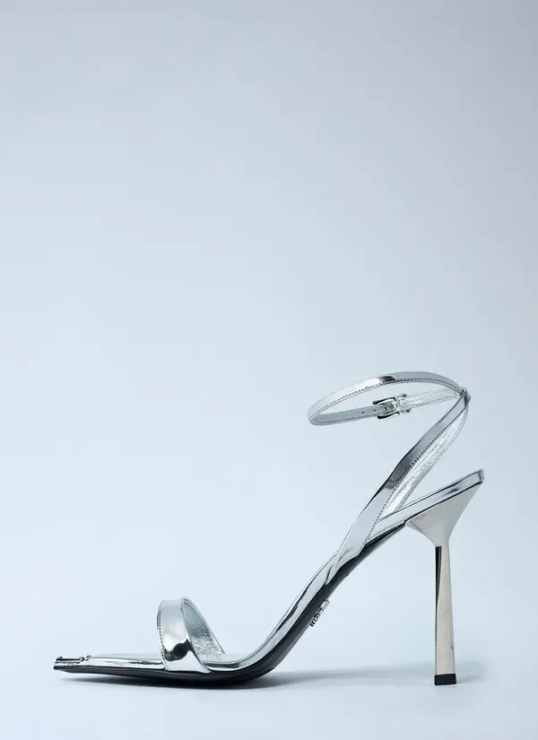 Prada Leather Stiletto Heeled Sandals With Side Buckle - Silver