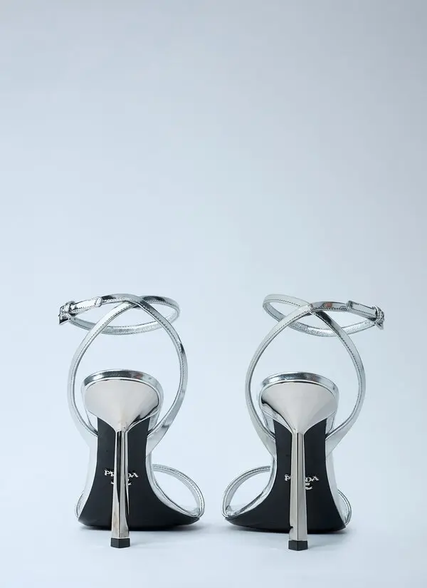 Prada Leather Stiletto Heeled Sandals With Side Buckle - Silver