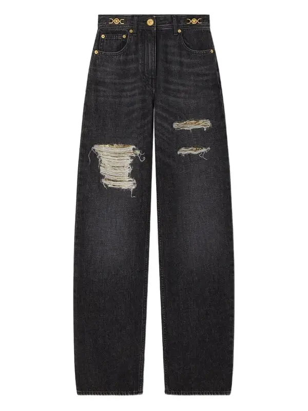 Versace Dark Wash Embroidered Waistband Jeans - Multicolor