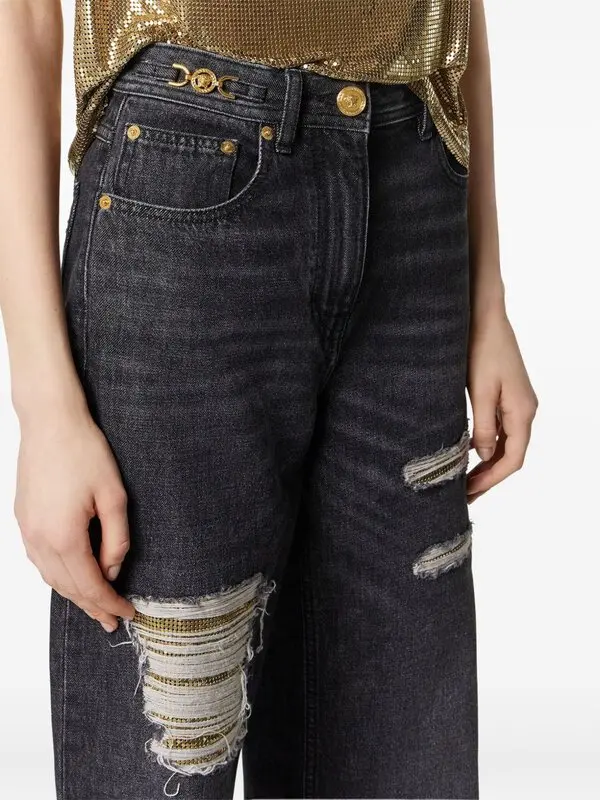 Versace Dark Wash Embroidered Waistband Jeans - Multicolor