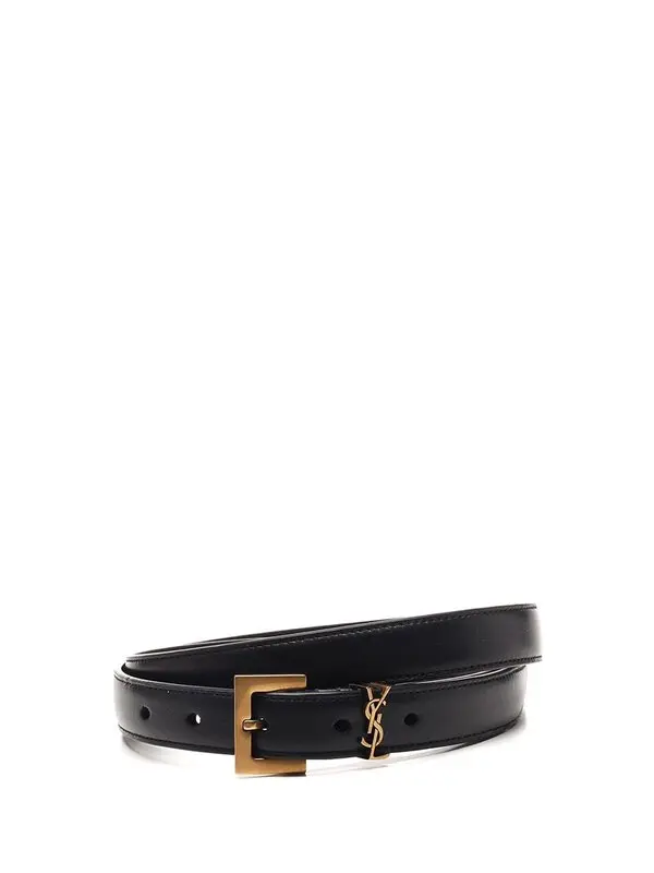 Saint Laurent Cassandre Thin Belt In Hammered Calfskin - Black