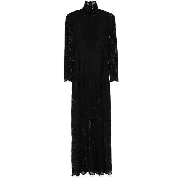 Rabanne Lace Appliqué High Neck Long Sleeve Gown - Black