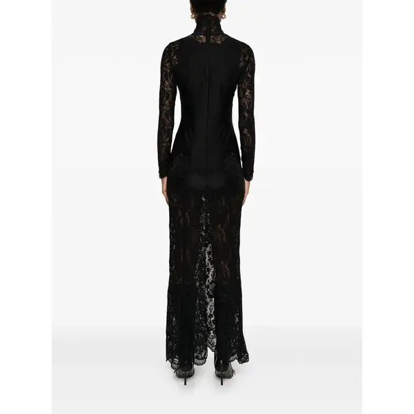 Rabanne Lace Appliqué High Neck Long Sleeve Gown - Black
