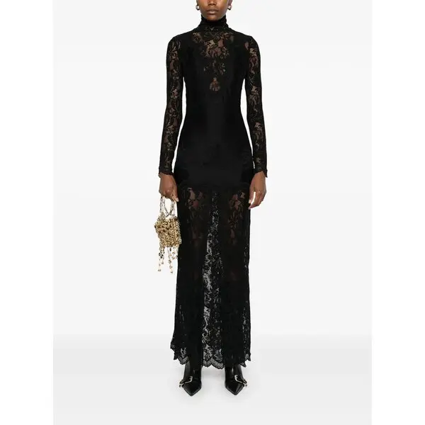 Rabanne Lace Appliqué High Neck Long Sleeve Gown - Black