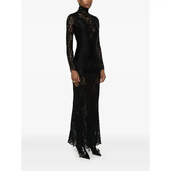 Rabanne Lace Appliqué High Neck Long Sleeve Gown - Black