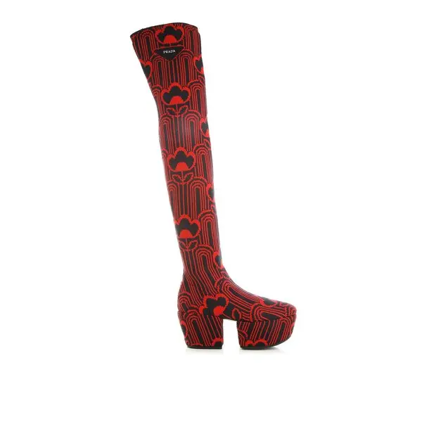 Prada Jacquard Embroidered Thigh High Boots - Red