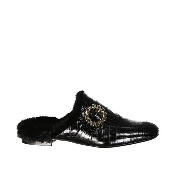 Eleventy Leather Fur Mules - Black
