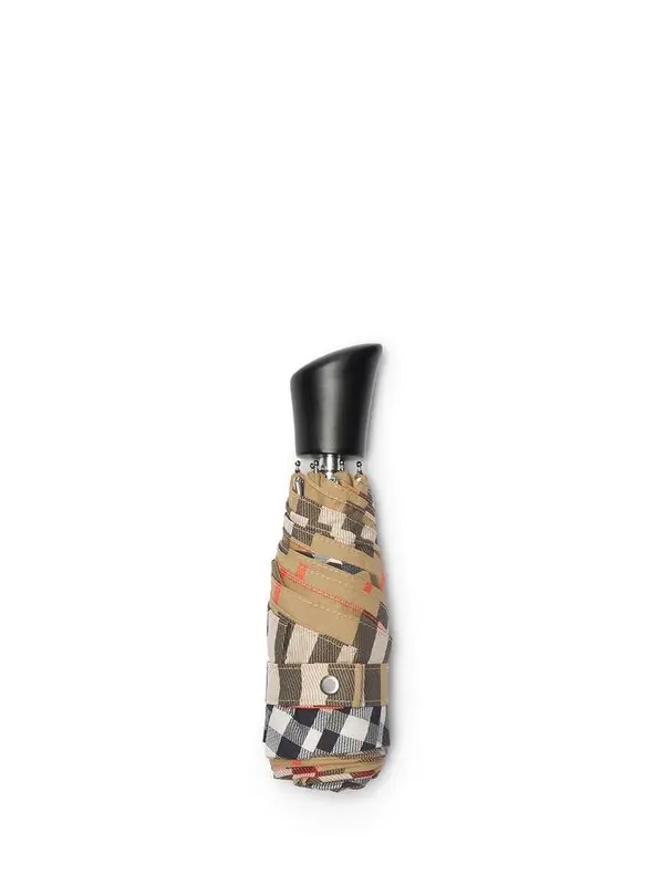 Burberry Check Folding Umbrella With Wooden Handle - Cream