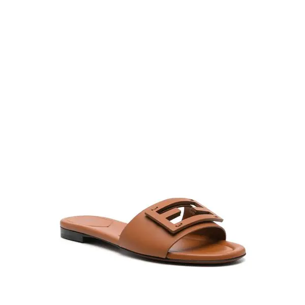 Fendi Calf Leather Slides With Ff Baguette Motif - Brown