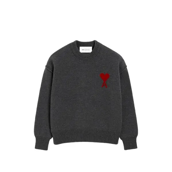 Ami Heather Grey Wool Knit Crew Neck Jumper With Intarsia Heart