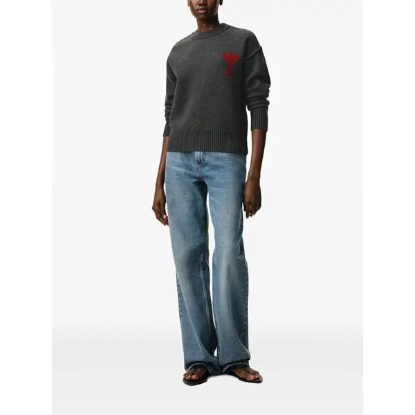 Ami Heather Grey Wool Knit Crew Neck Jumper With Intarsia Heart
