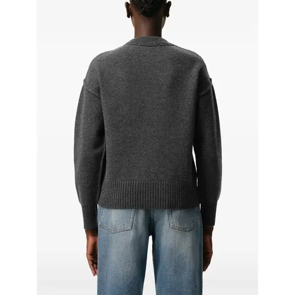 Ami Heather Grey Wool Knit Crew Neck Jumper With Intarsia Heart