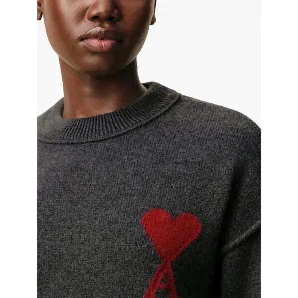 Ami Heather Grey Wool Knit Crew Neck Jumper With Intarsia Heart